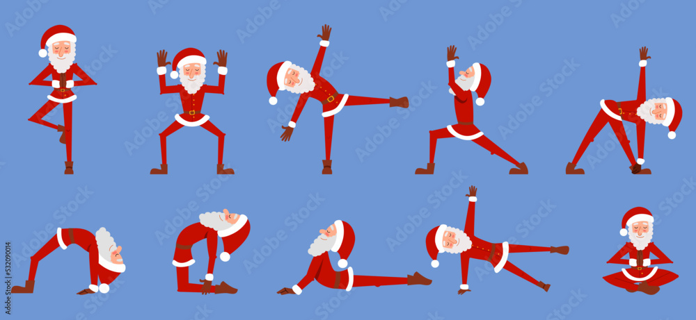 Vetor de A scene with a skinny Santa Claus doing yoga. A healthy ...