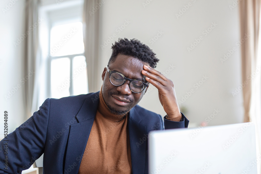 Head shot stressed young african american man touching forehead ...