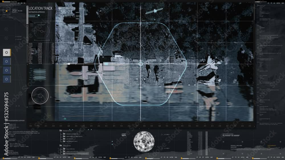 UI of the military satellite camera floating above airfield. UI of the ...