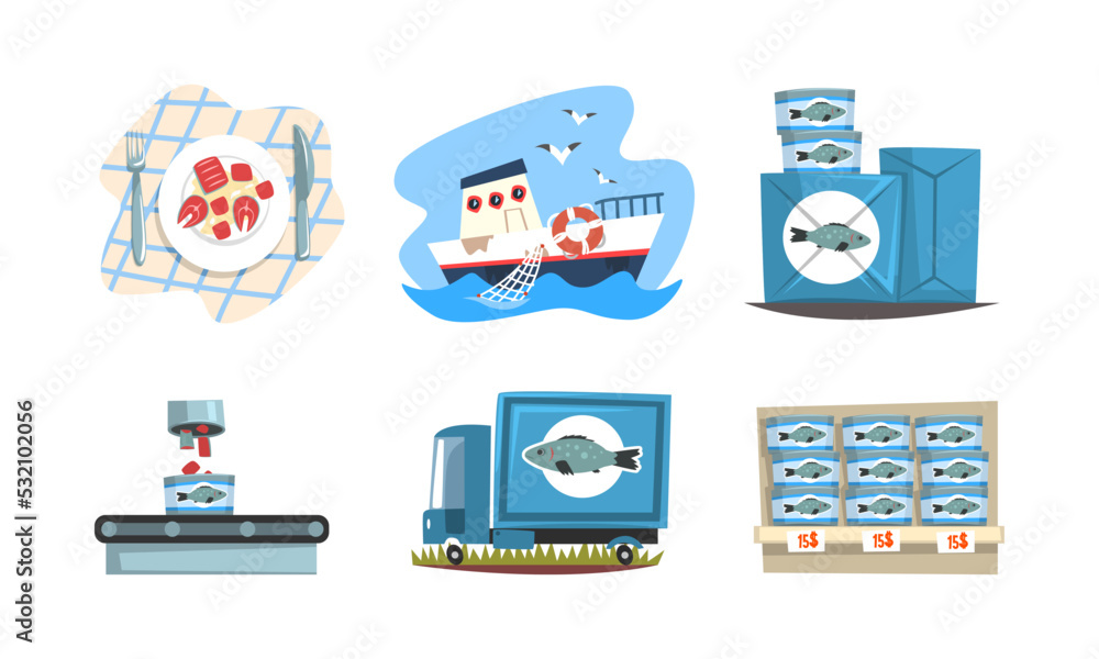 Seafood production set. Fishing, freezing and selling fresh fish ...