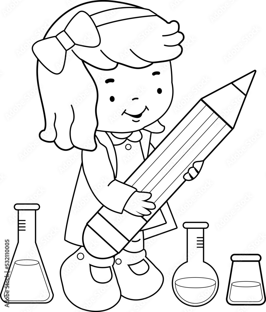 Student girl at science class holding a big pencil. Vector black and ...