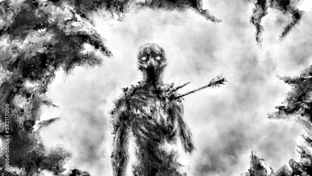 Scary zombie with an arrow sticking out of his chest. Spooky dead man ...