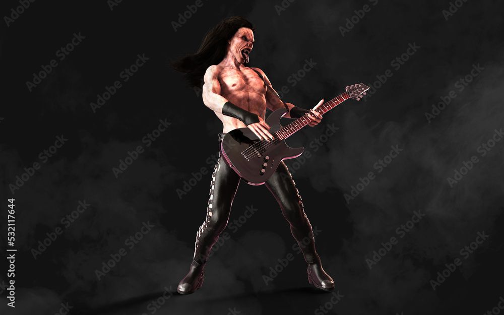 3d Illustration Devil pose and plays an electric guitar surrounded on ...