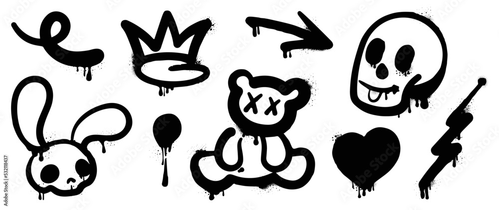 Set of black graffiti spray pattern. Collection of symbols, heart ...