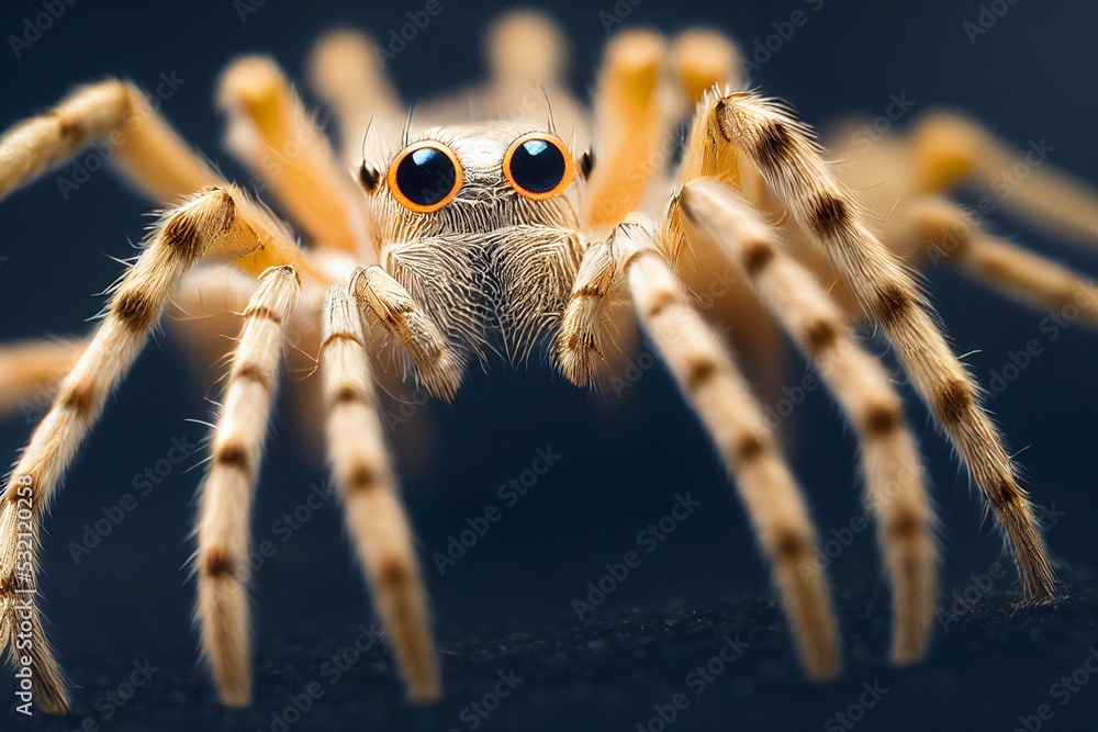 Exotic spider picture with big black eyes. Small colorful, white and ...