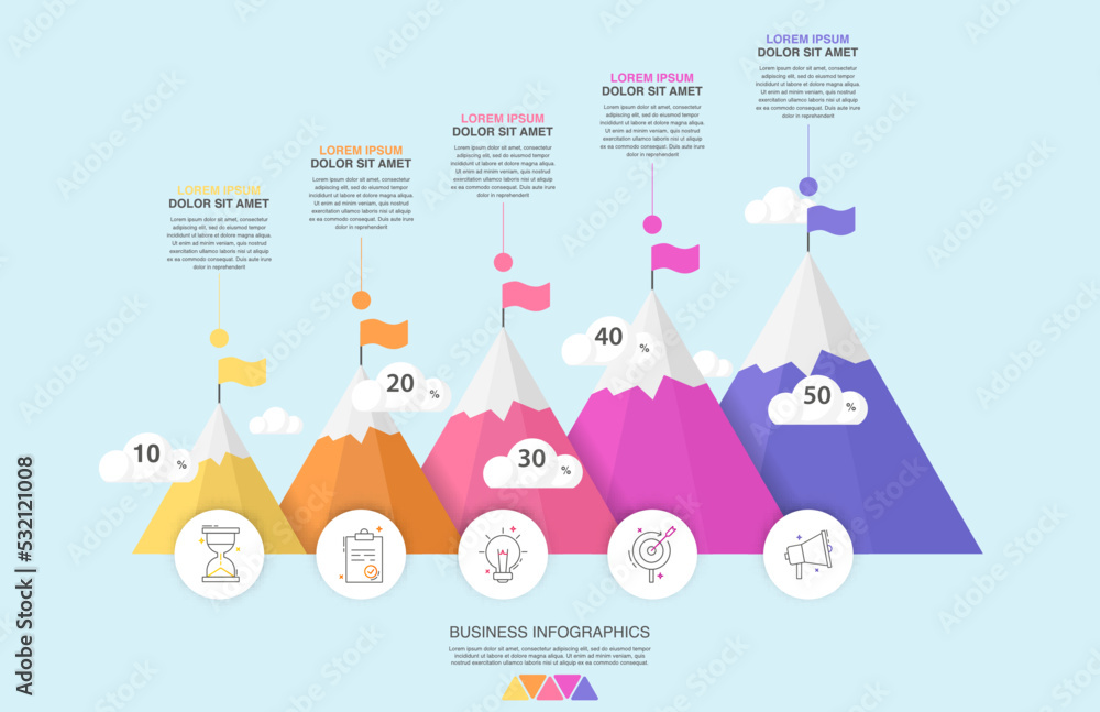 Vector timeline infographic template. Modern mountains graph with five ...