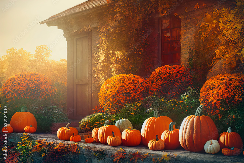 Autumn pumpkins decoration in home garden. Traditional thanksgiving and ...