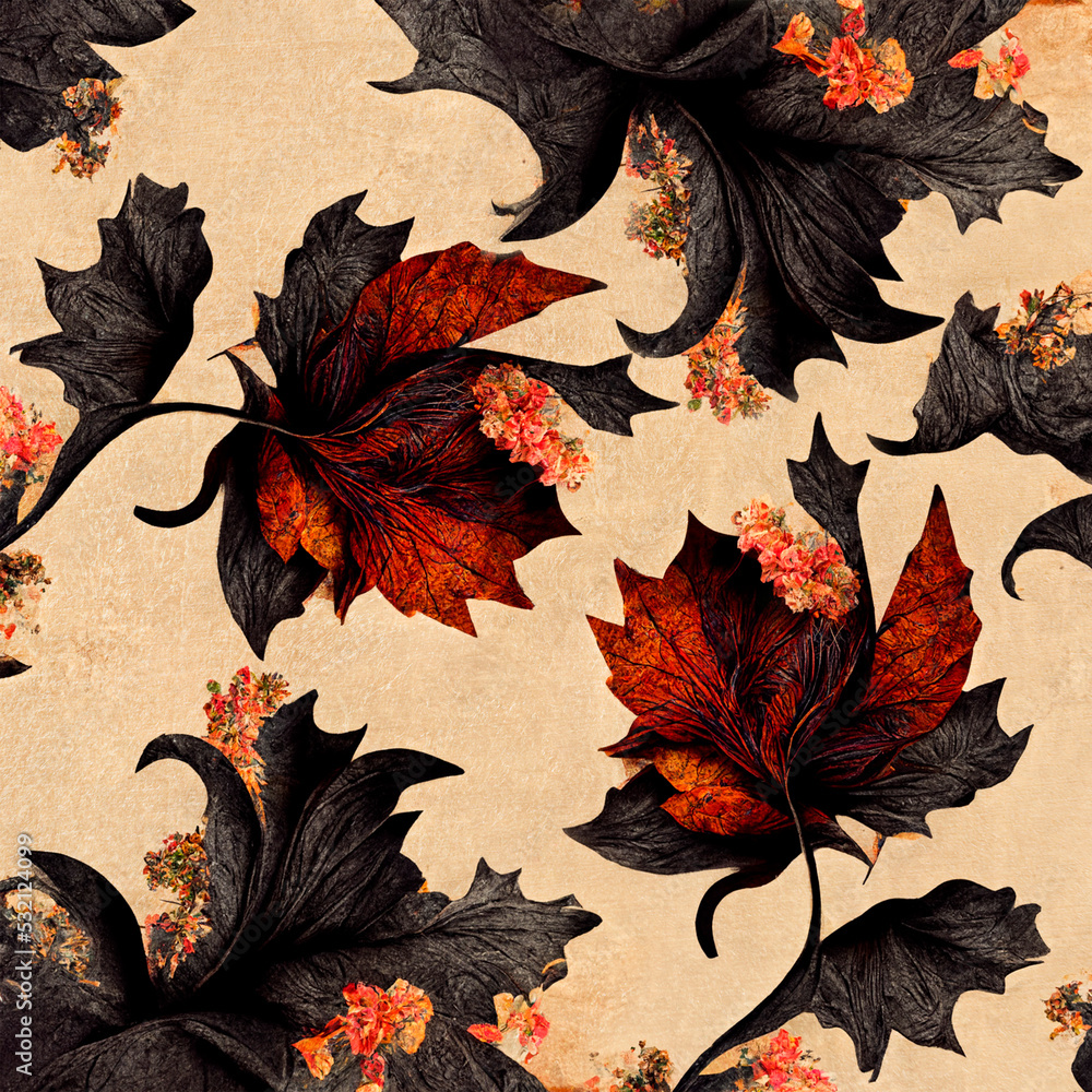 Baroque maple leaves swirls wallpaper decor on beige stucco wall ...