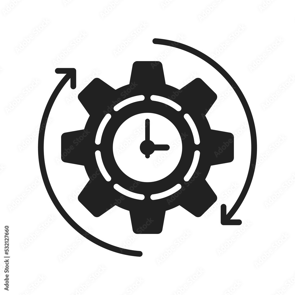 automated work icon with black gear and clock Stock Vector | Adobe Stock