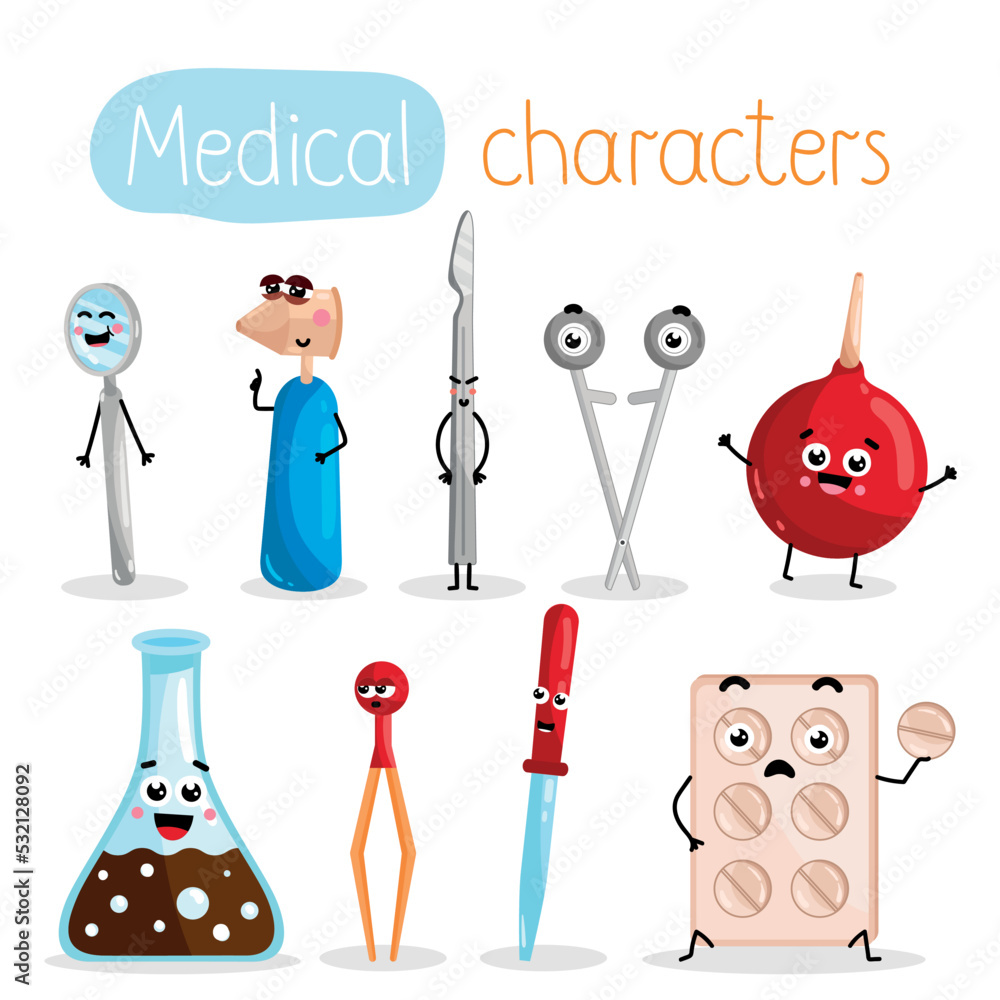 Funny medicine equipment cartoon characters. Clyster, tablet blister ...