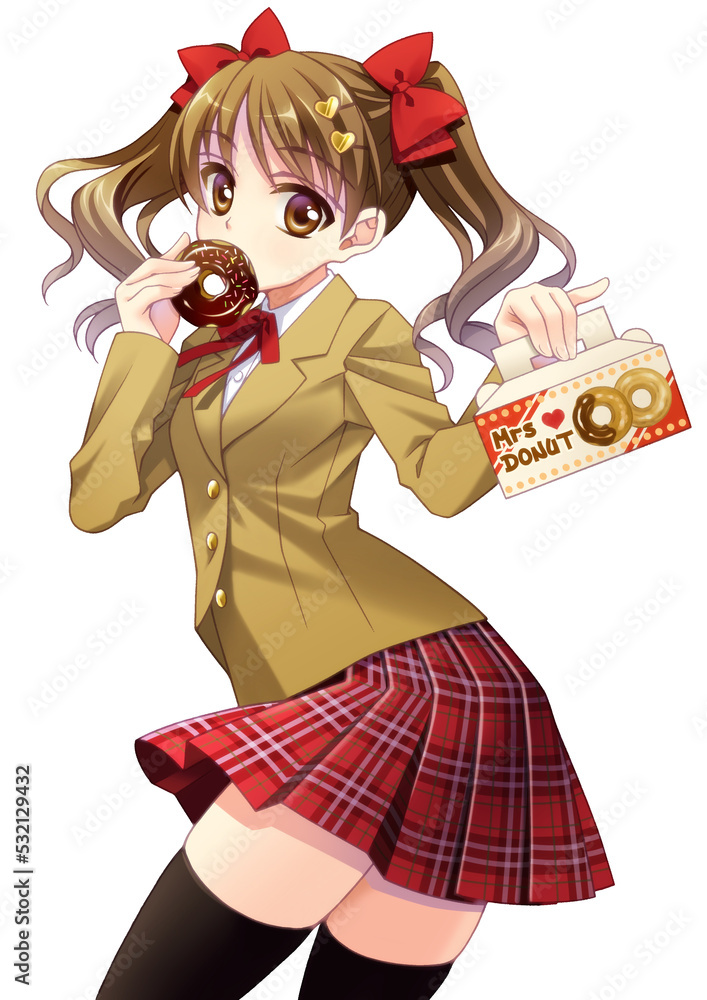 Anime-style illustration of a high school girl buying and eating donuts ...