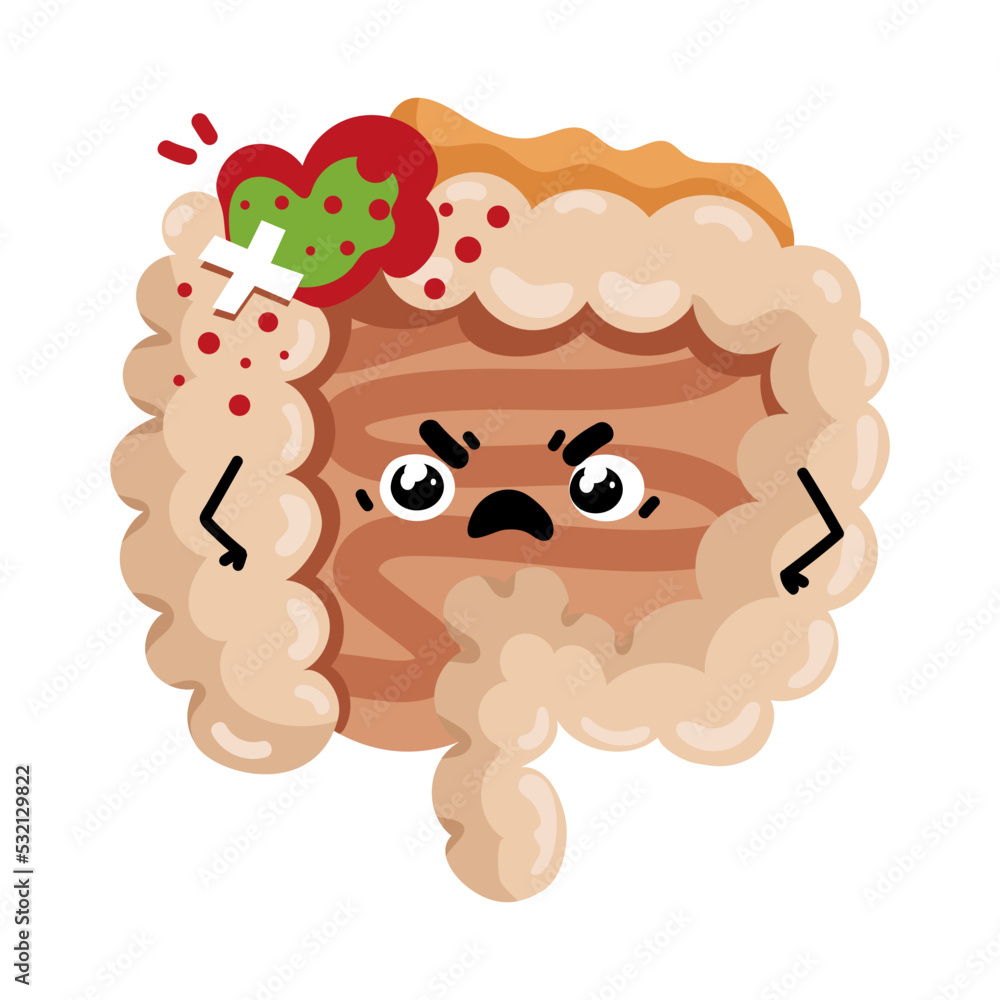 Sad sick intestine cartoon character. Body anatomy element, health ...