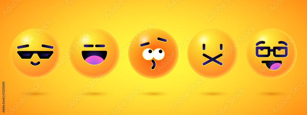 Round 3d emoticons set. Yellow Emoji faces emoticon smile, digital ...
