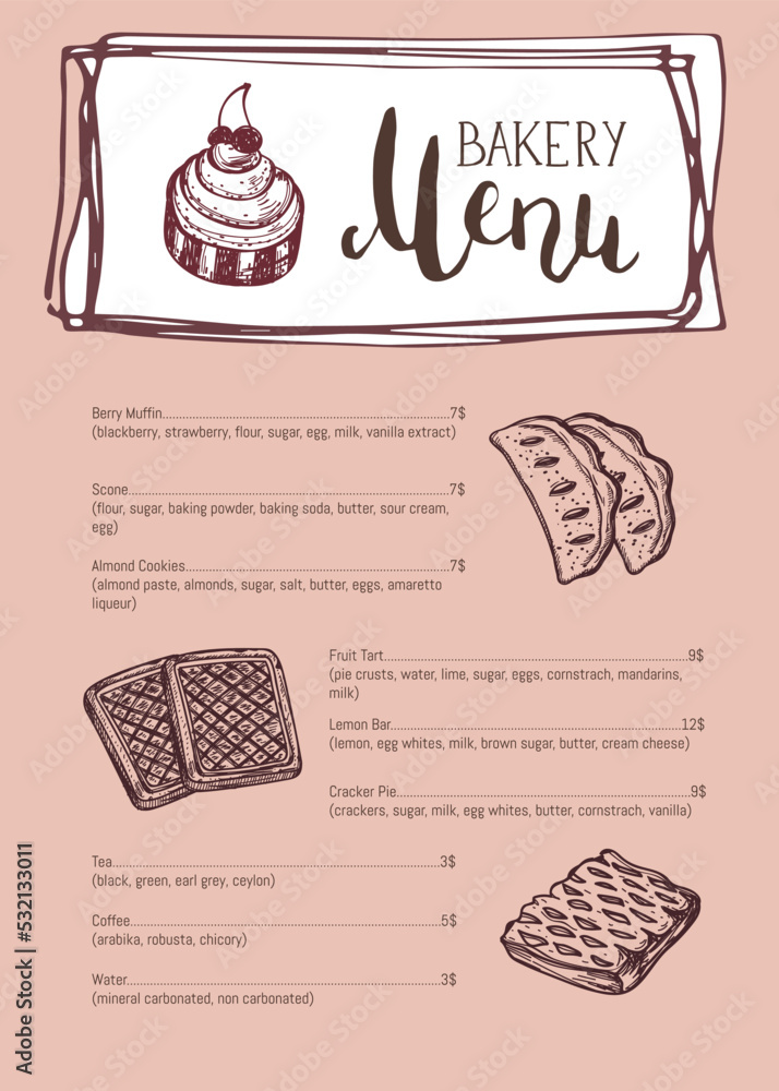 Bakery vintage restaurant menu template. Sweet pastry price catalog ...