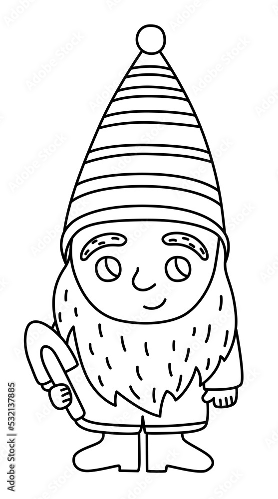 Little gnome. Hand drawn line doodle garden gnome sketch. Black and ...
