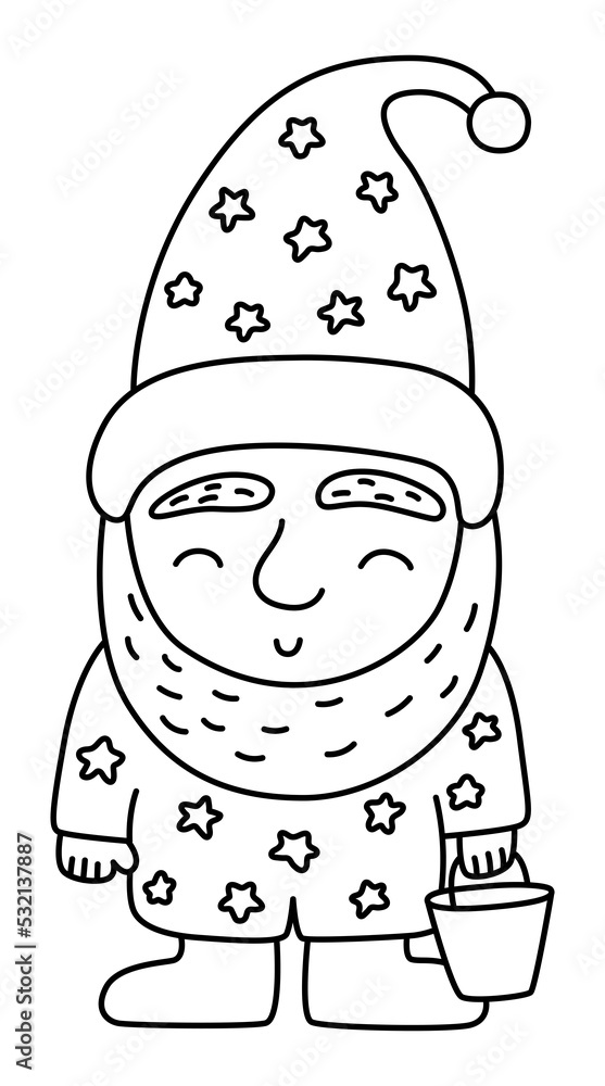 Little gnome. Hand drawn line doodle garden gnome sketch. Black and ...