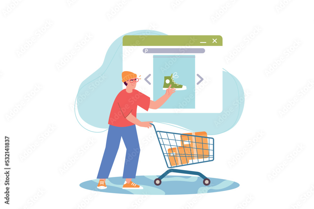 E-commerce concept with people scene in the flat cartoon design. Guy ...