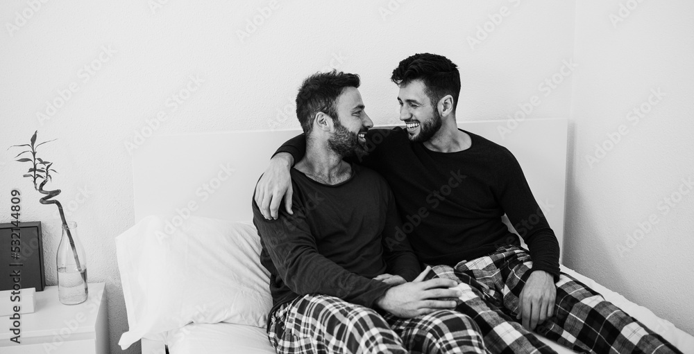 Happy Gay Men Couple Having Tender Moments At Home Focus On Right Man