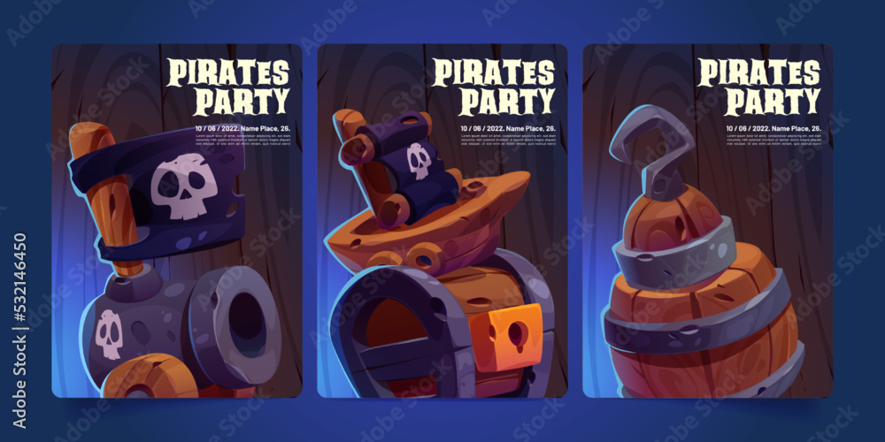 Pirate party posters, invitation flyers with old wooden treasure chest ...