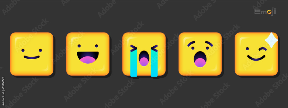 Square Emoticons set. Yellow Emoji faces emoticon smile, digital smiley ...