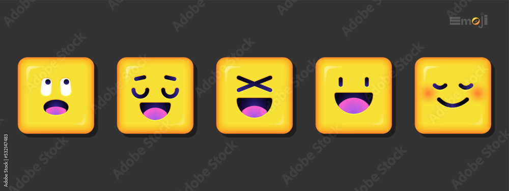 Square Emoticons set. Yellow Emoji faces emoticon smile, digital smiley ...