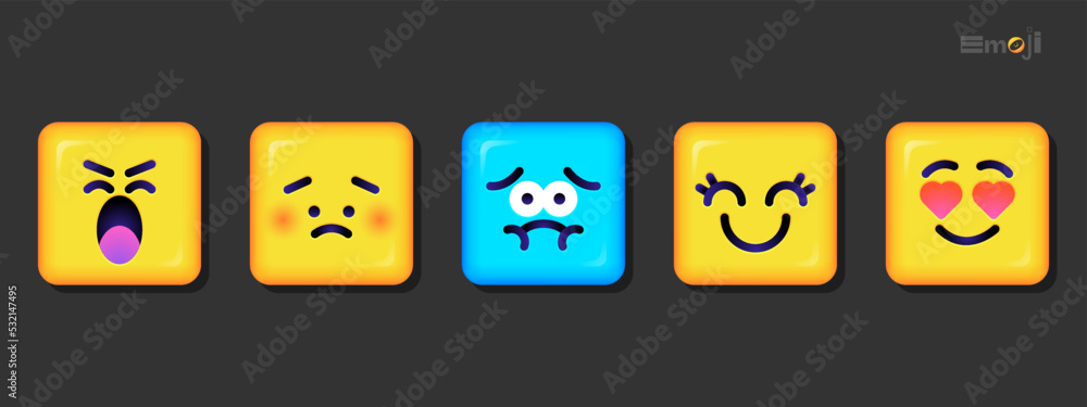 Square Emoticons set. Yellow Emoji faces emoticon smile, digital smiley ...