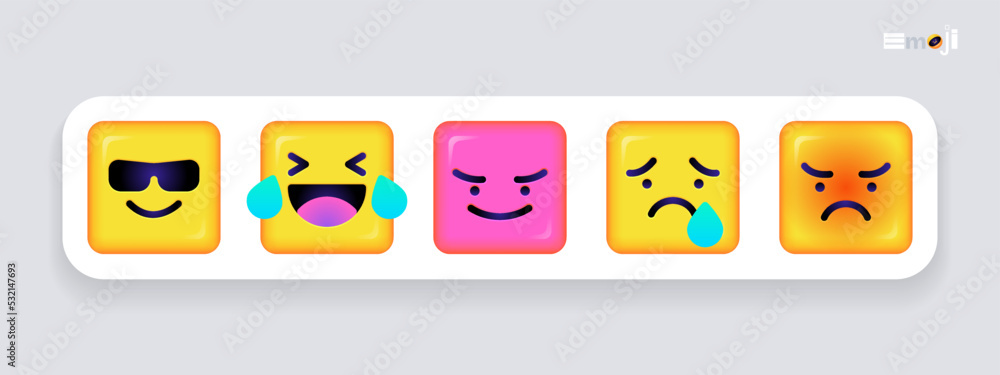 Square Emoticons set. Yellow Emoji faces emoticon smile, digital smiley expression emotion ...