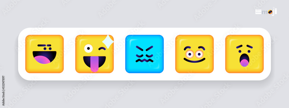 Square Emoticons set. Yellow Emoji faces emoticon smile, digital smiley ...