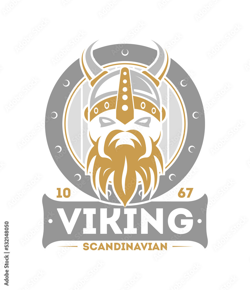 Viking warrior isolated label with horned helmet. Scandinavian viking ...