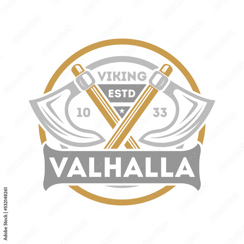 Viking valhalla isolated label with crossed ax. Scandinavian viking ...