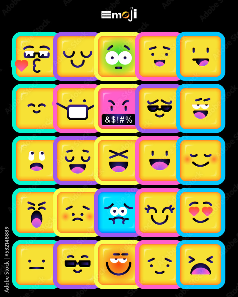 Square Emoticons set. Yellow Emoji faces emoticon smile, digital smiley ...