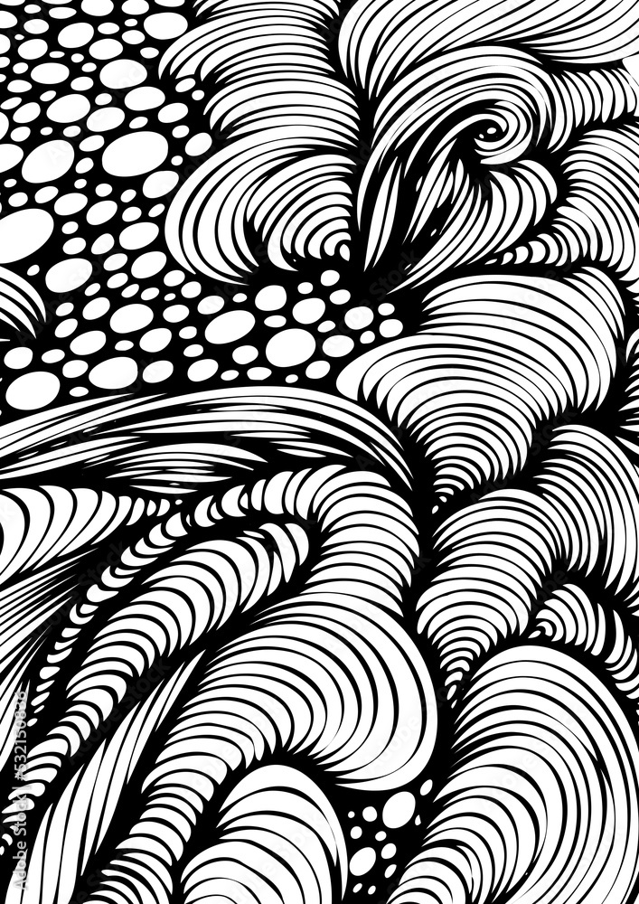 Abstract coloring book for adults. Bitmap drawing, curved lines ...
