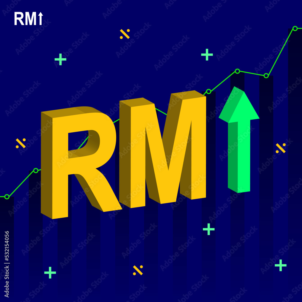 3d symbol of rising malaysian ringgit currency value with green up ...