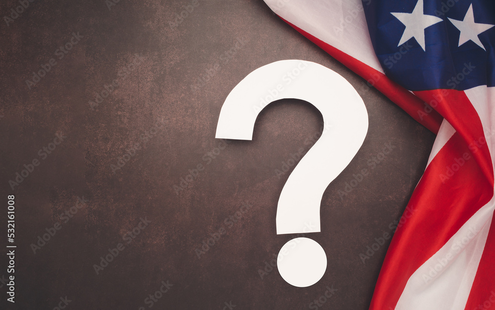 White question mark over a vintage background with the American flag ...
