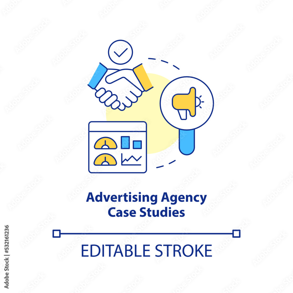 Advertising agency case studies concept icon. Business promotion ...