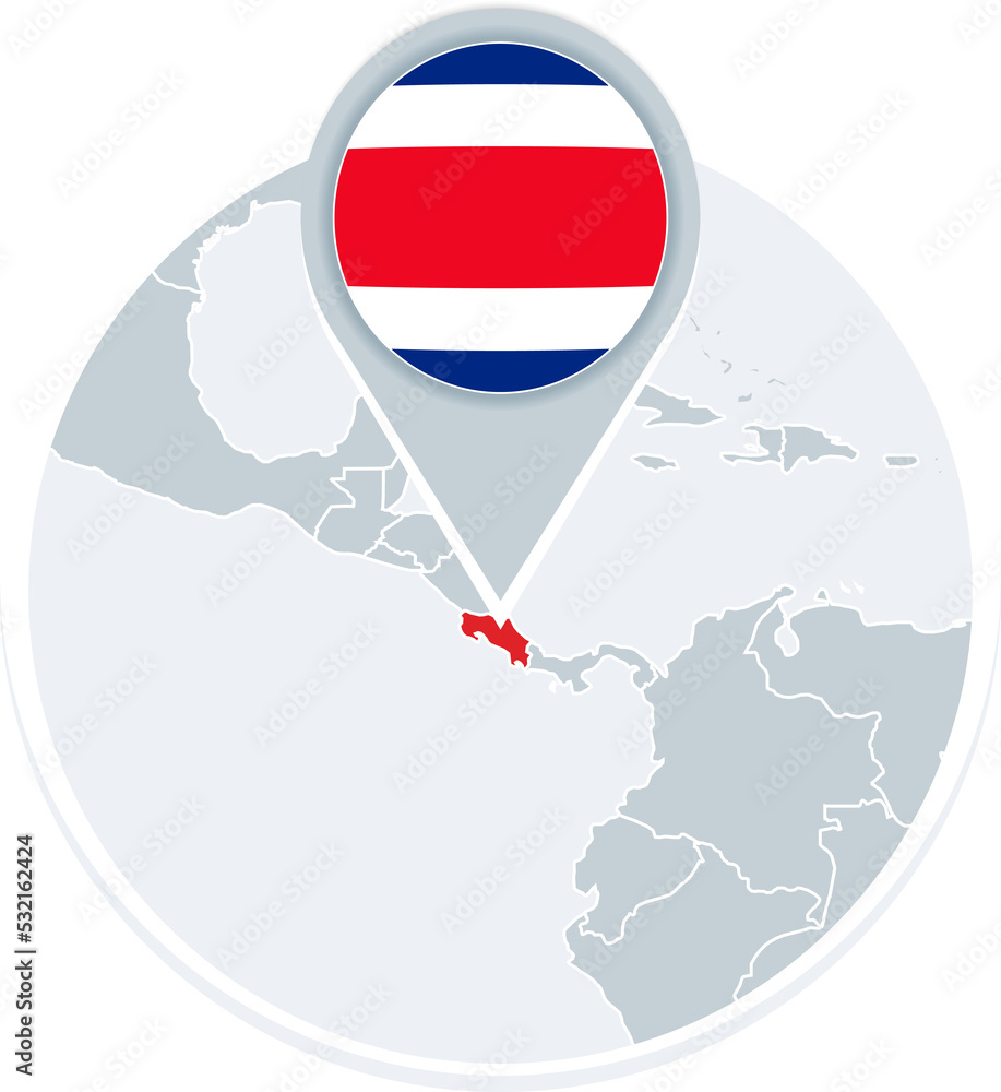 Costa Rica map and flag, map icon with highlighted Costa Rica Stock ...