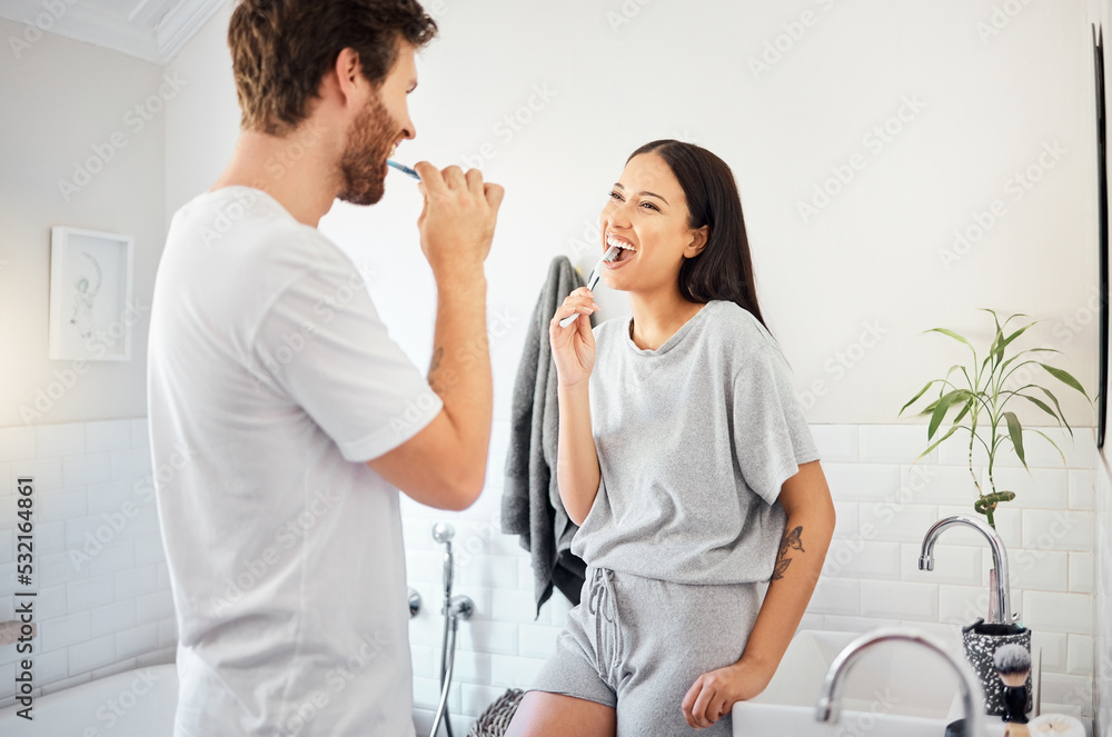 Love, morning and couple in bathroom brushing teeth together doing ...