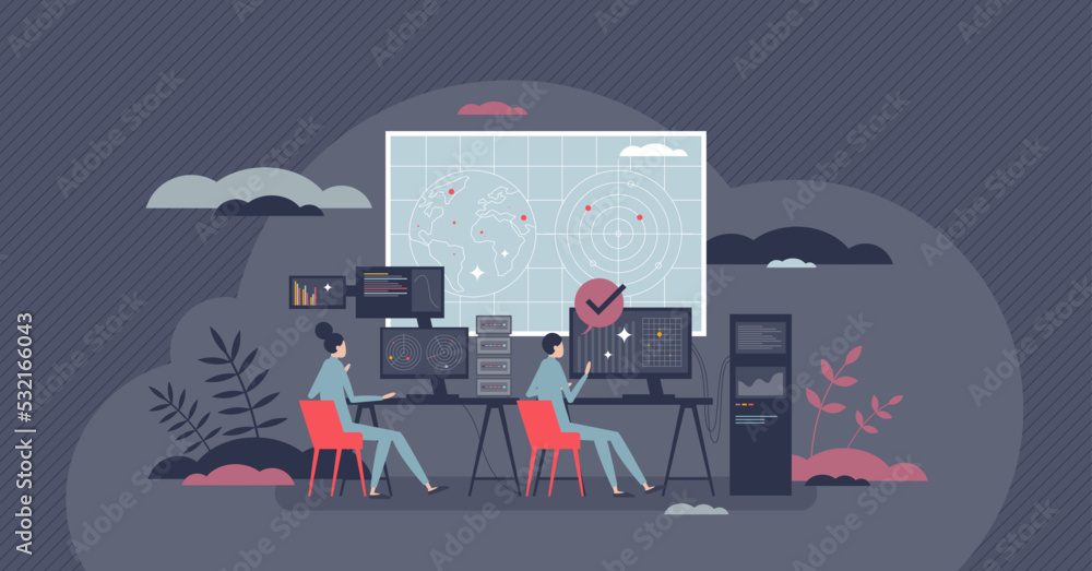 Cyber security control room with surveillance center tiny person ...