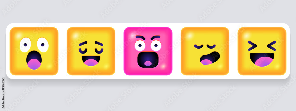 Square Emoticons set. Yellow Emoji faces emoticon smile, digital smiley ...