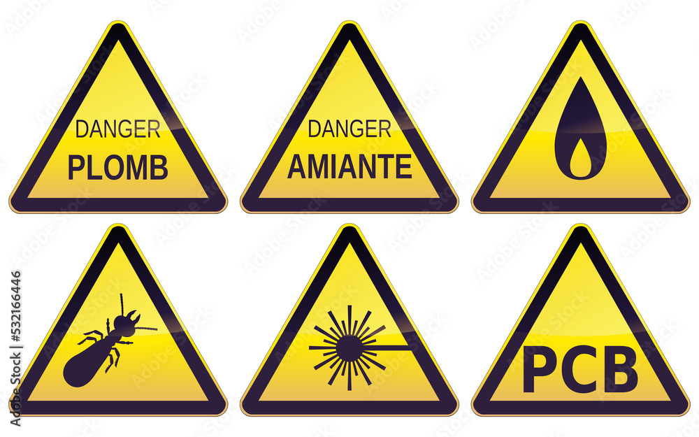 Collection of black and yellow triangular real estate hazard signs such ...