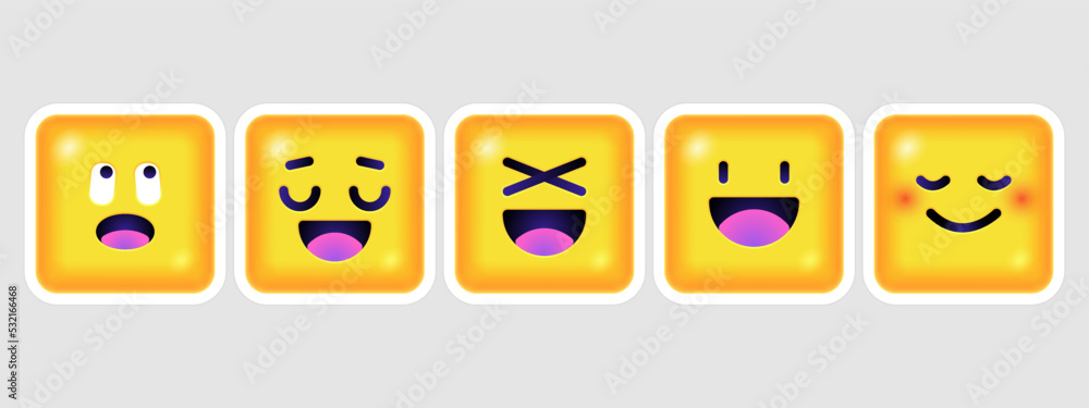 Square Emoticons set. Yellow Emoji faces emoticon smile, digital smiley ...