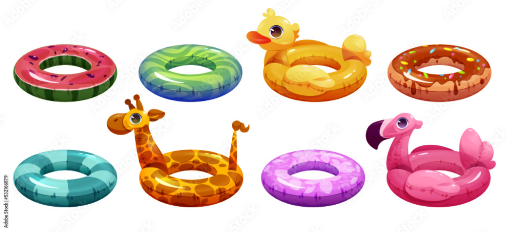 Inflatable rubber rings for swim in pool or sea. Colorful circle float ...