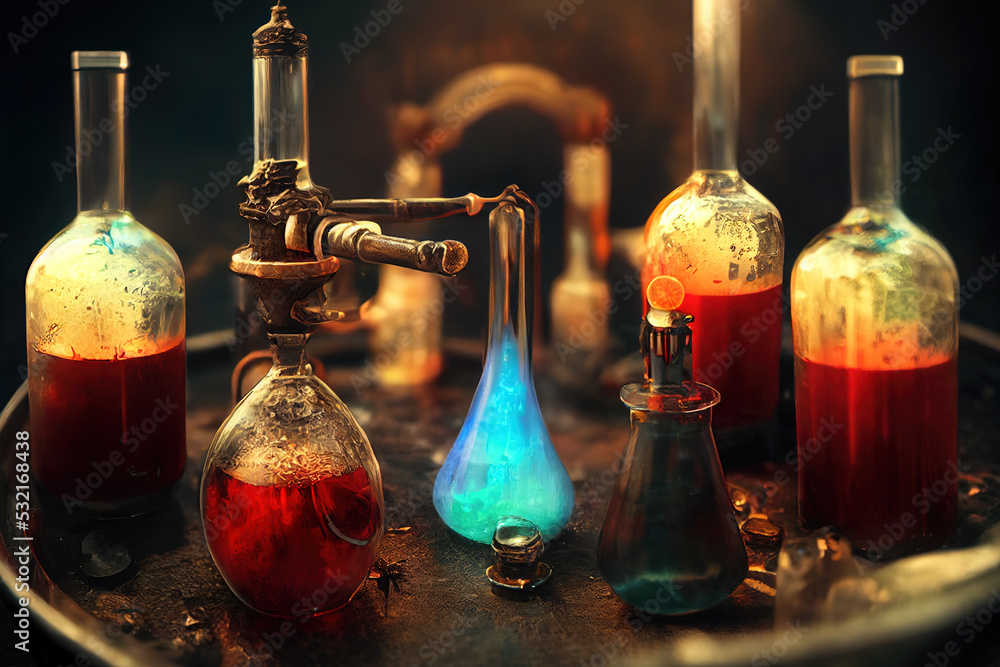 3 D render. Bright liquid in a chemical flask. Mysticism, magic ...