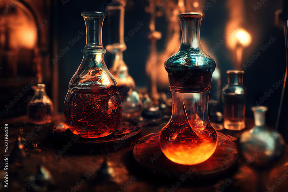 3 D render. Bright liquid in a chemical flask. Mysticism, magic ...