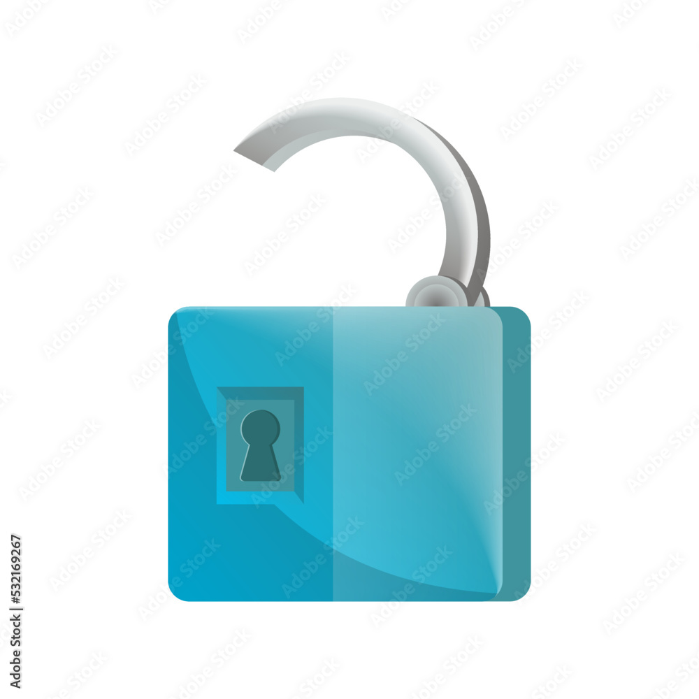 Opened blue lock icon in flat design. Security protection, key safety ...