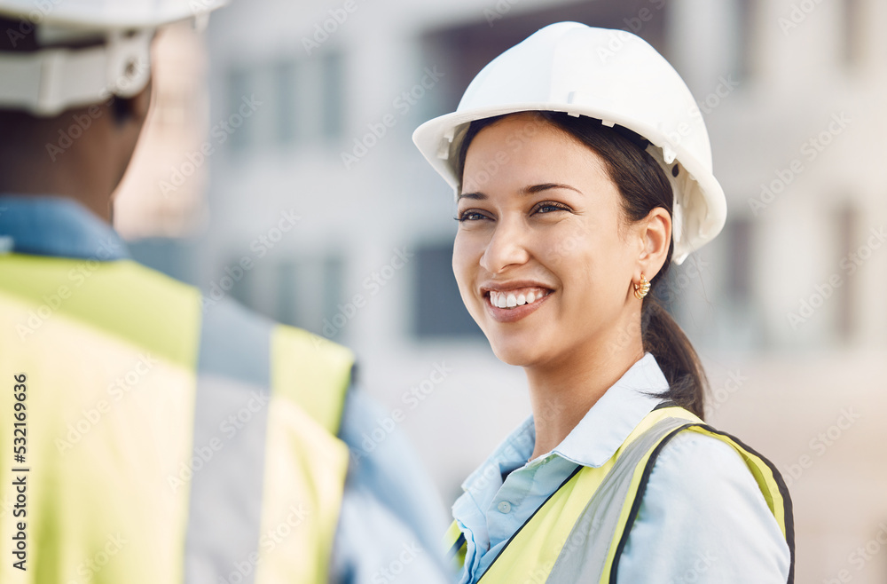 Building engineer, construction worker or engineering woman with smile ...