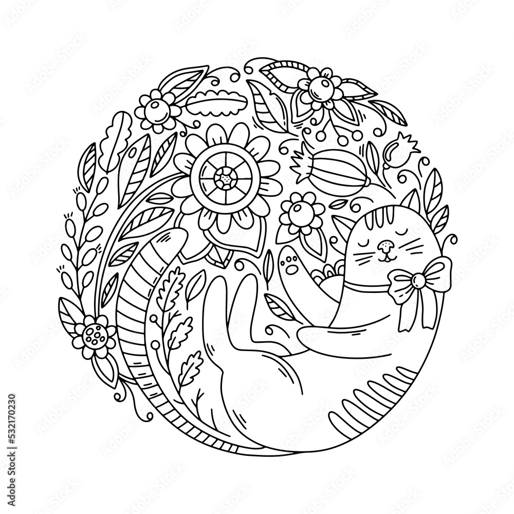Coloring page with cat and flower garden. Mandala with animal and ...
