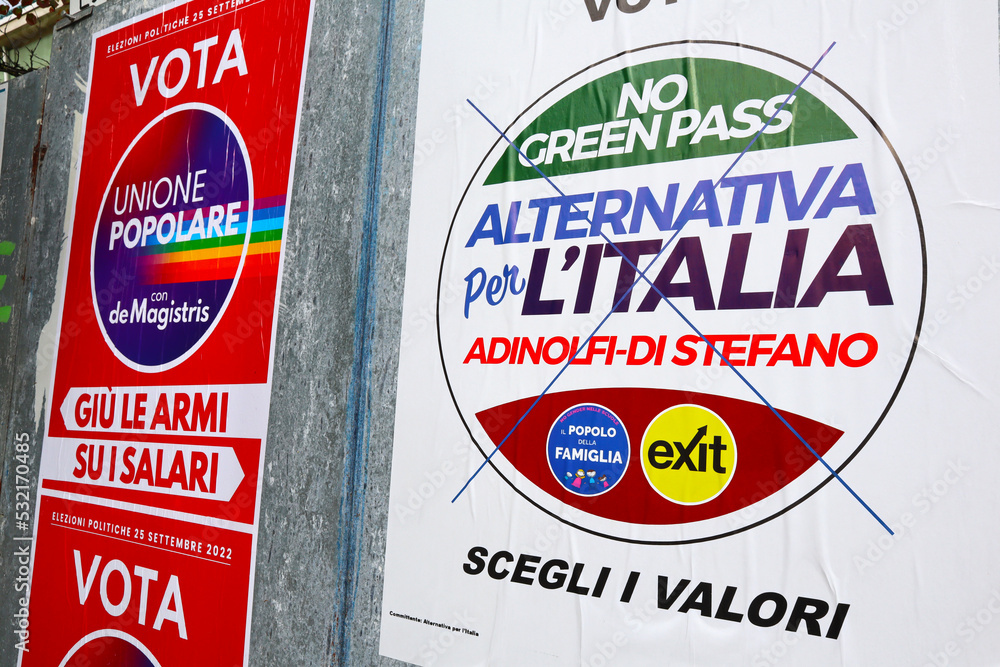 Italy, september 2022 – Italian Election wall posters with symbols of ...
