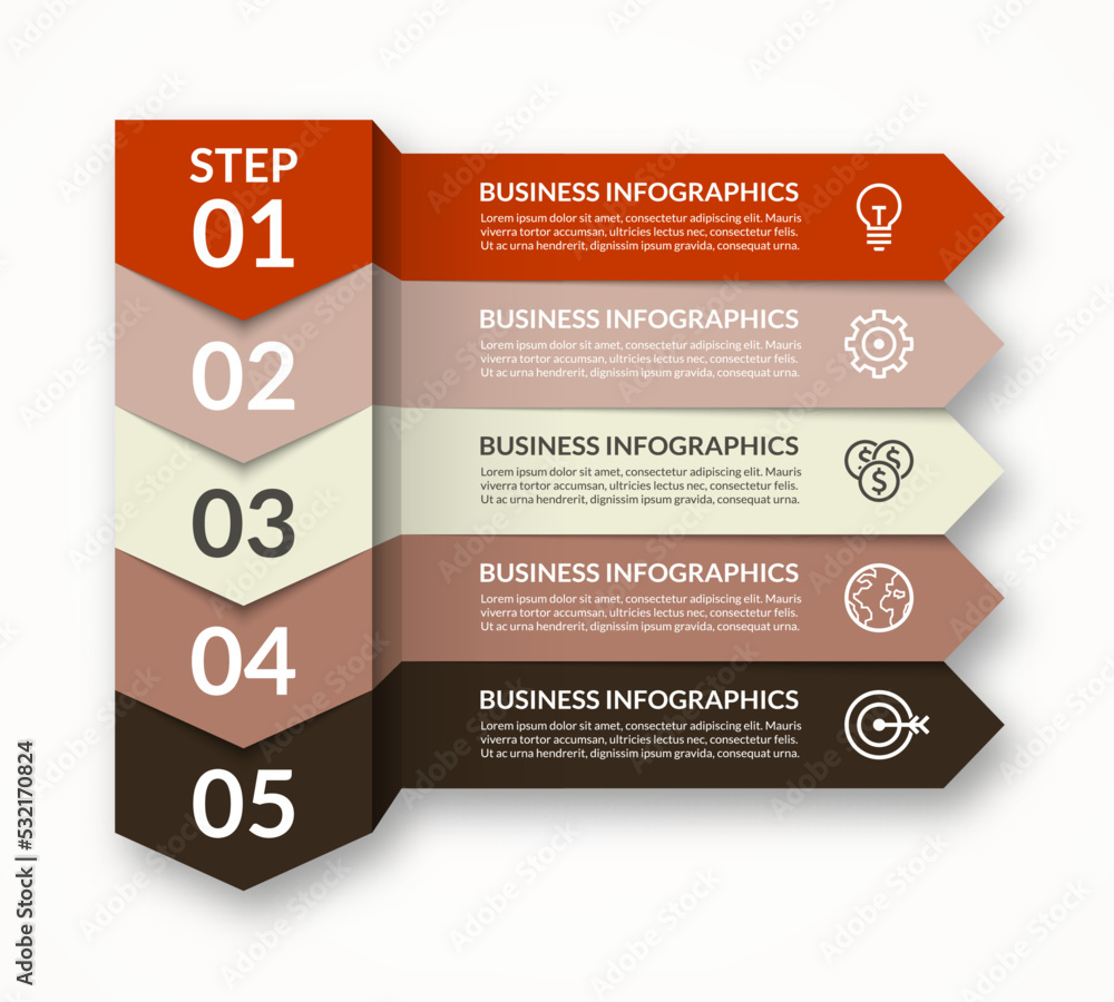 Minimal arrow infographic vector elements. 5 colorful step arrows that ...