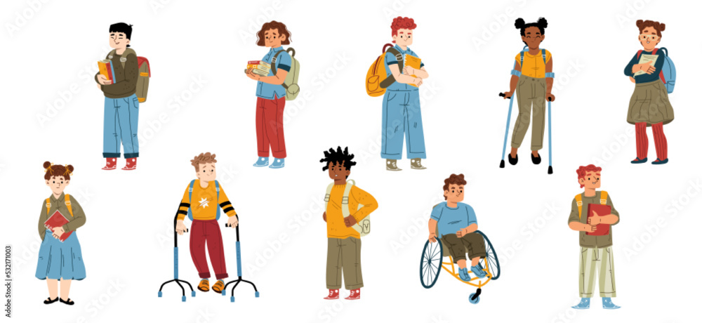 Disabled and healthy kids students, multiracial handicapped children ...